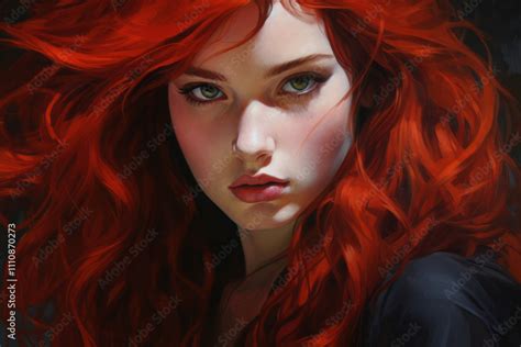 Beautiful Woman With Vibrant Red Hair Flowing Around Her Face Creating
