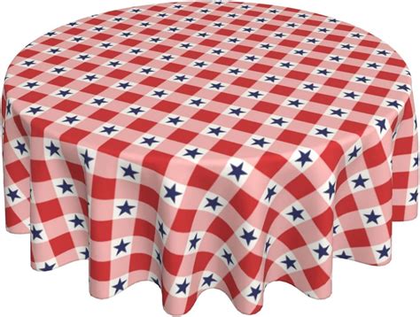 Patriotic Red White Checkered Tablecloth Round 60 Inch Blue
