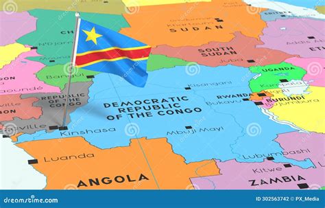 Democratic Republic Of The Congo Kinshasa National Flag Pinned On Political Map Stock