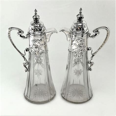 Pair Austrian Art Nouveau Solid Silver And Glass Claret Jugs Wine Decanter Jug C 1900 Michael