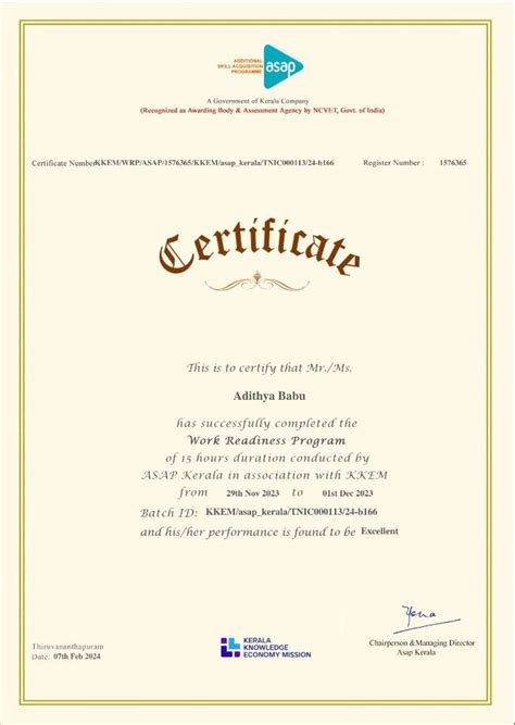 Workreadiness Asapkerala Kkem Professionaldevelopment Certificate