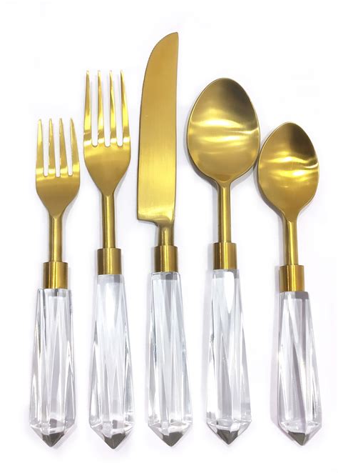 Brushed Gold Flatware Set With Clear Lucite Handle