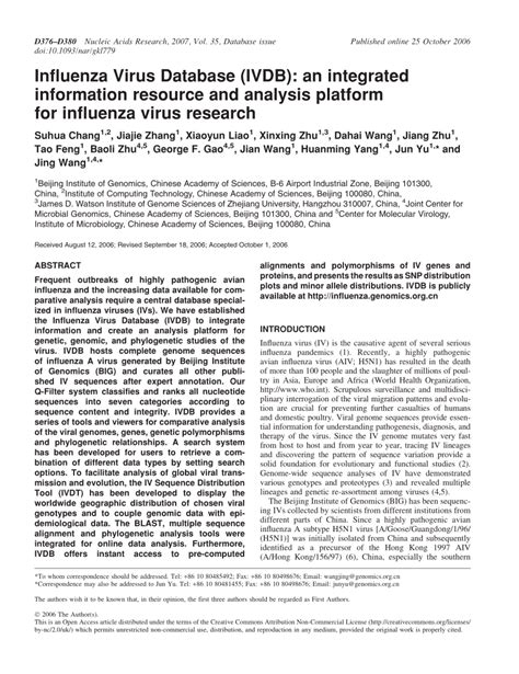 Pdf Influenza Virus Database Ivdb An Integrated Information Resource And Analysis Platform