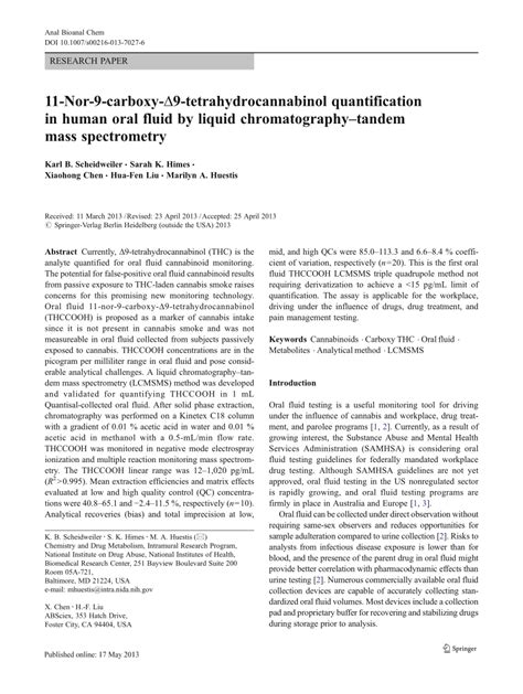 Pdf 11 Nor 9 Carboxy Δ9 Tetrahydrocannabinol Quantification In Human Oral Fluid By Liquid