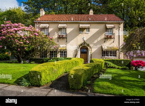 A Home With Decorative Spring Flower Bushes In Portland Oregon Usa