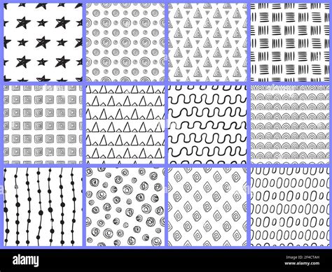 Set Of Abstract Black And White Doodle Seamless Patterns Hand Drawn