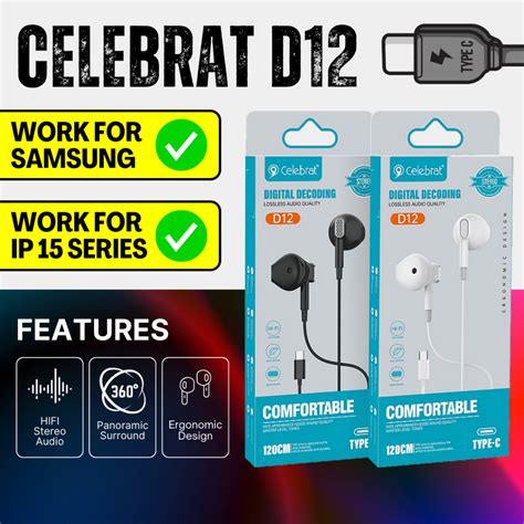 Celebrat D12 Wired Bass Stereo Built In Mic Type C Earphones Handsfree Headset Headphones