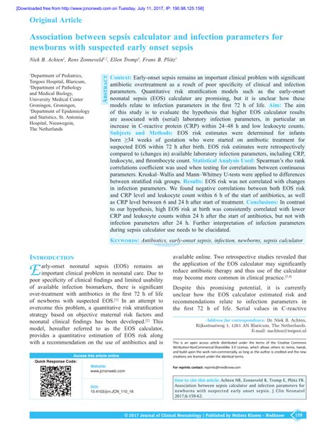 Pdf Association Between Sepsis Calculator And Infection Parameters