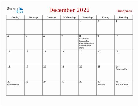 December 2022 Philippines Monthly Calendar With Holidays
