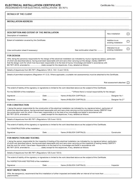 Electrical Installation Certificate Pdf Electrical Wiring Components