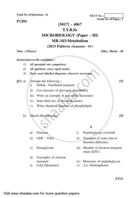 Metabolism 2016 2017 B Sc Microbiology Semester 6 Tybsc 2013 Pattern Question Paper With Pdf