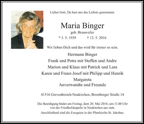 Alle Traueranzeigen Für Maria Binger Trauer Rp Online De