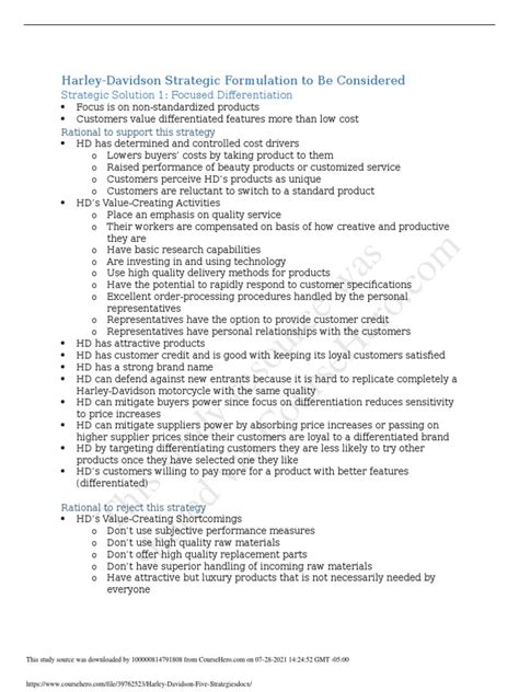 This Study Resource Was Harley Davidson Strategic Formulation To Be
