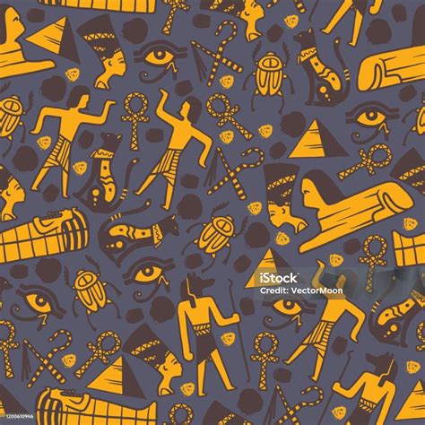 원활한 패턴 벡터 그림고대 이집트 아이콘 오래된 이집트 문명 유물의 상징으로 종이를 포장 미라 석관 스핑크스 신화 이집트 신의 플랫 스타일 상징 고고학에 대한 스톡 벡터