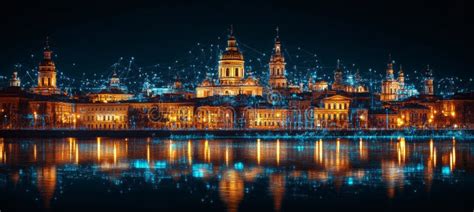 Illustrated Connections Over A European City Skyline Reflected At Night
