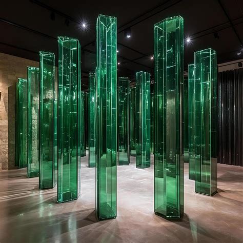 Illuminated Green Glass Columns In A Modern Art Installation Display