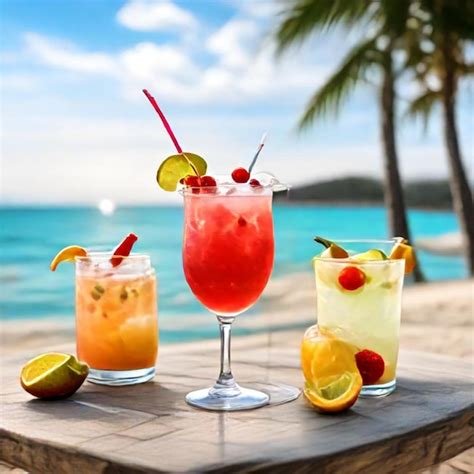 A Drink With Fruit On It And Three Different Drinks On A Table