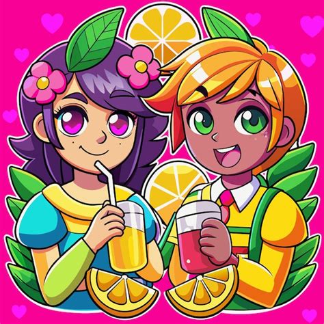 Two Girls Drinking A Juice With Hearts And A Pink Background Premium