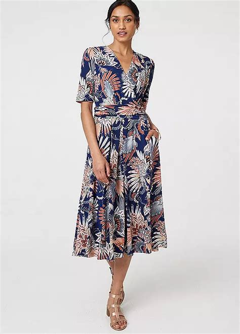 Izabel London Multi Navy Tropical Print Short Sleeve Midi Wrap Dress