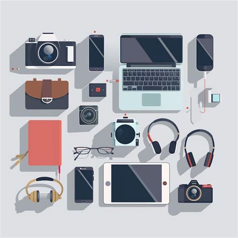 A Collection Of Electronic Devices Including A Camera Headphones And