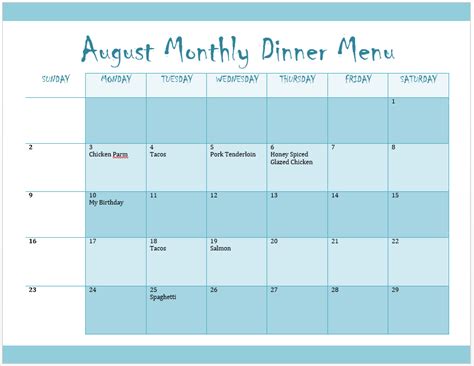 Monthly Menu Templates Word Templates