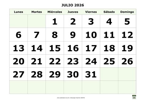 Calendarios Con Números Grandes Julio 2026 Para Imprimir