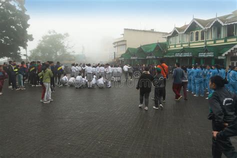 School Girls Military Training In Foggy Morning Editorial Image Image