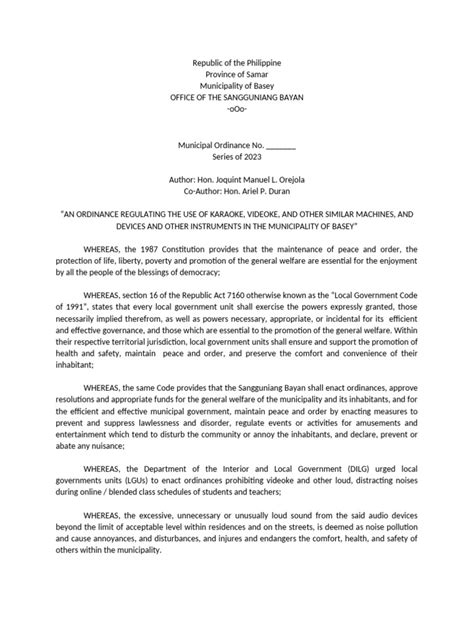 An Ordinance Regulating The Use Of Karaoke And Videoke Of The