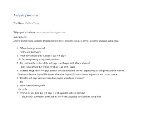 Analyzing Websitestemplate Analyzing Websites Your Name Matthew Taylor Webpage Of Your
