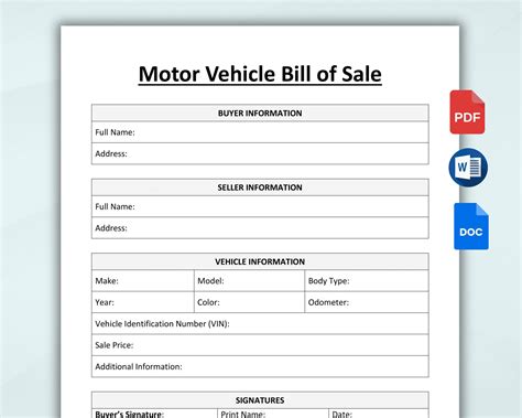 Editable Motor Vehicle Bill Of Sale Car Sale Form Bill Of Sale