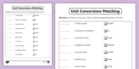 Seventh Grade Unit Conversions Matching Activity Twinkl