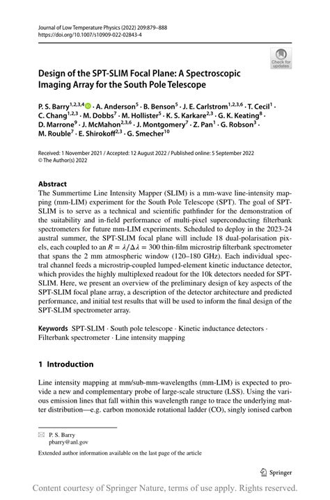 Pdf Design Of The Spt Slim Focal Plane A Spectroscopic Imaging Array For The South Pole Telescope