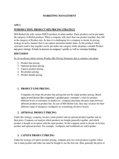 Marketing Management Assignment Pdf Sales Pricing