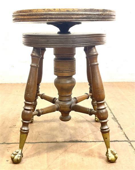 Lot Antique Wood Ball And Brass Claw Footed Piano Stool