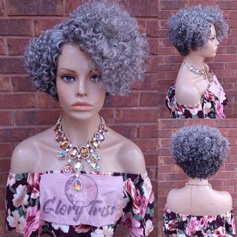 Kinky Curly Gray Wig Curly Full Wig With Bangs Ombre Silver Gray Wig