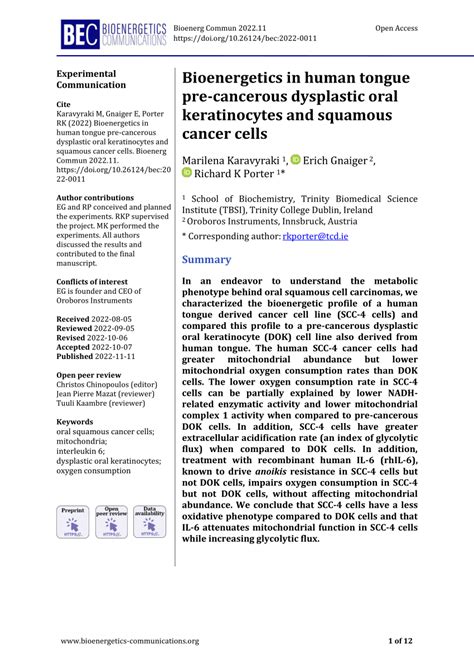 Pdf Bioenergetics In Human Tongue Pre Cancerous Dysplastic Oral