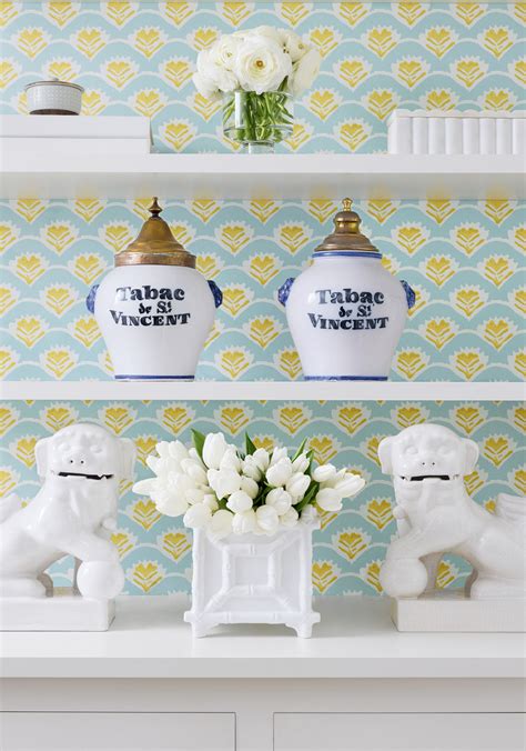 Geometric Floral Pattern Yellow Blue Wallpaper Thibaut Emily
