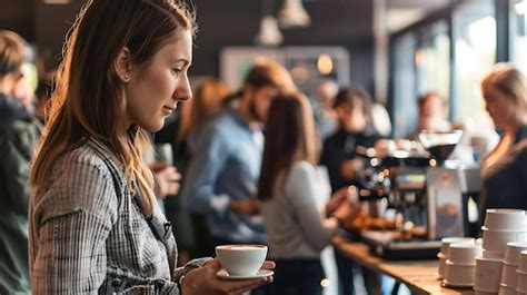 Premium Photo Thoughtful Young Woman Drinking Coffee In A Crowded