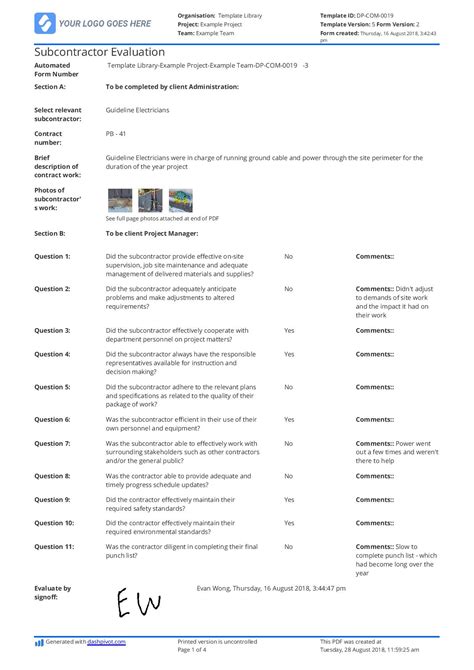 Subcontractor Performance Evaluation Form Better Than Excel Or Word
