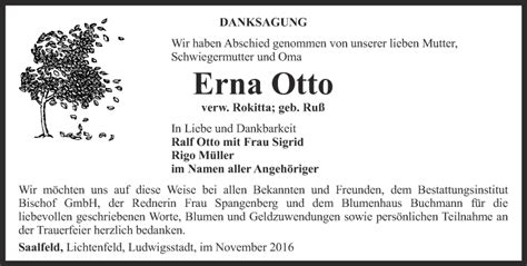 Traueranzeigen Von Erna Otto Trauer In Thueringen De