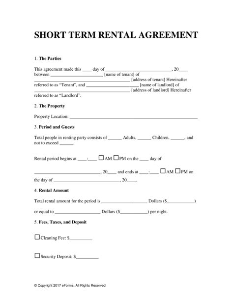 Short Term Rental Agreement Template Pdf