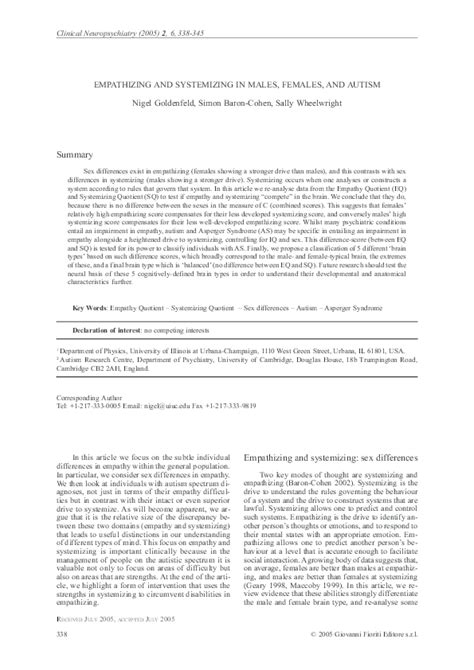 Pdf Empathizing And Systemizing In Males Females And Autism