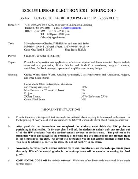 Ece 333 Linear Electronics I Syllabus Spring 2010
