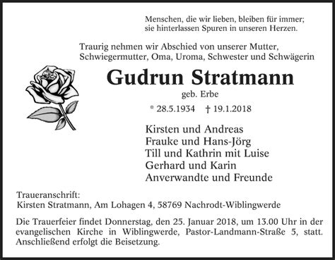 Traueranzeigen Von Gudrun Stratmann Trauer In Nrwde