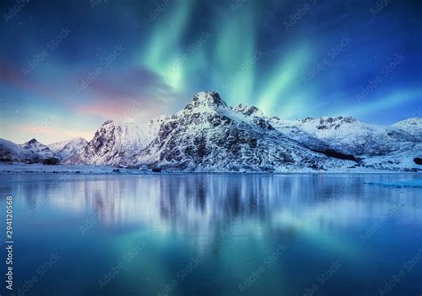 Aurora Borealis Lofoten Islands Norway Nothen Light Mountains And