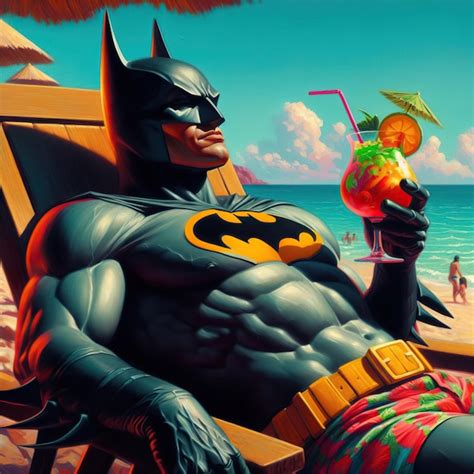 Premium Photo Relaxed Batman In Bath Clothes Drinking A Cocktail On The Beach