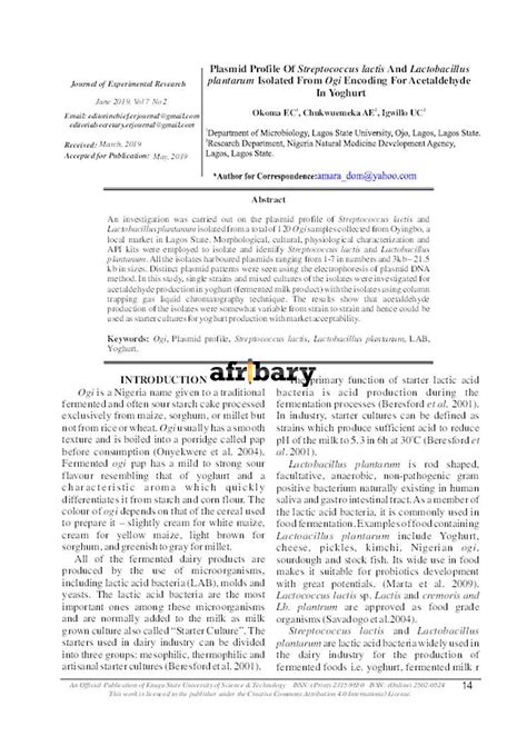 Plasmid Profile Of Streptococcus Lactis And Lactobacillus Plantarum