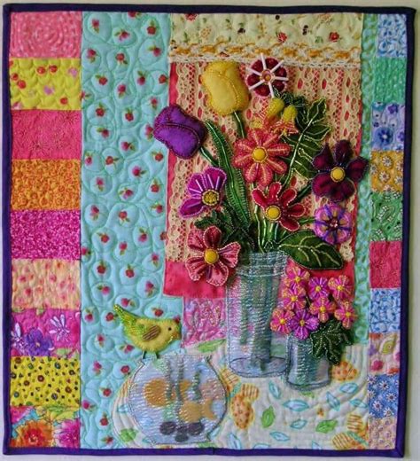 Quilted Wall Hanging With Flowers And Birds