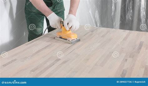 Male Employee Polishes Wooden Desk Using Grinding Machine Stock Footage Video Of Board