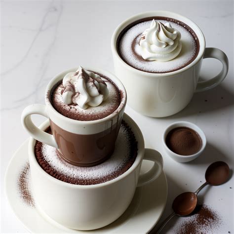 Delicious Hot Chocolate Cups With Whipped Cream And Cocoa Powder Toppings